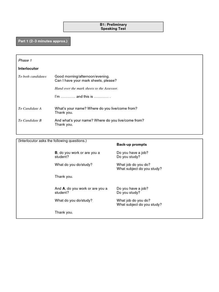 WSG PET Speaking Practice | PDF | Cognition