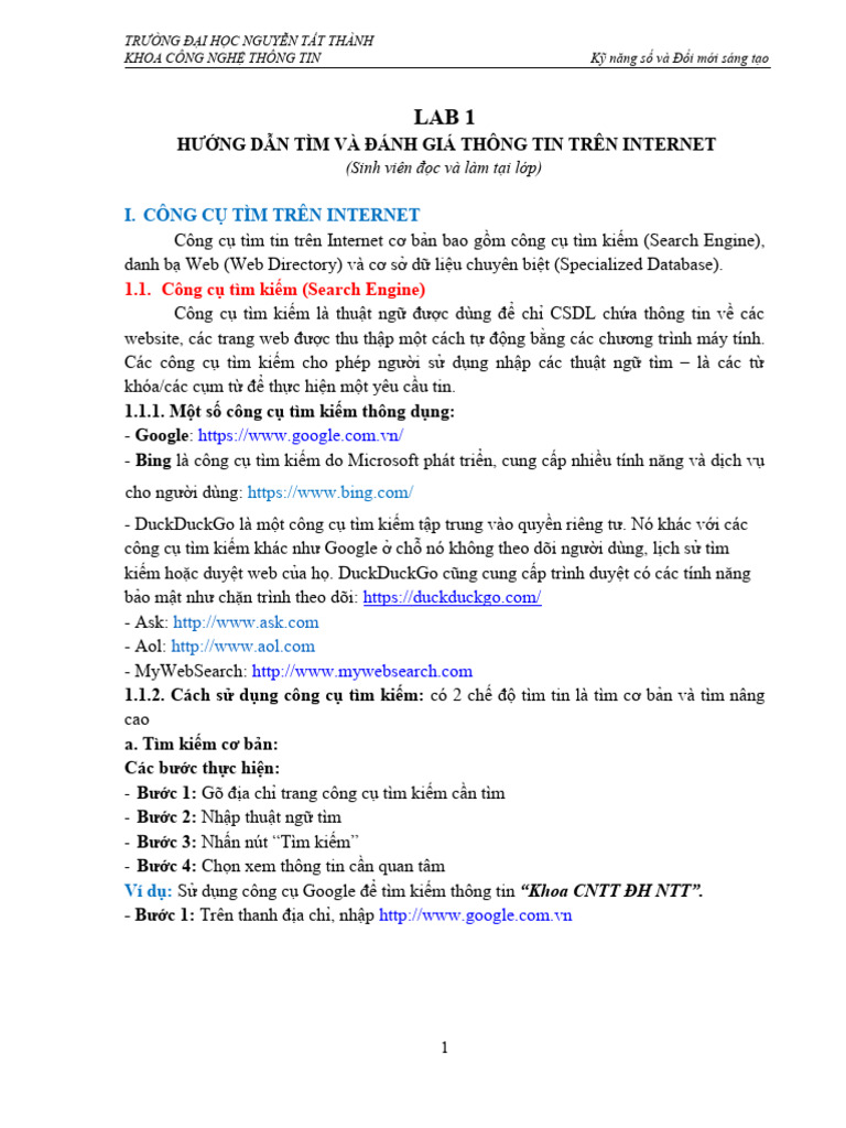 LAB 1 Huong Dan Tim Danh Gia Thong Tin Tren Internet - 2024 | PDF
