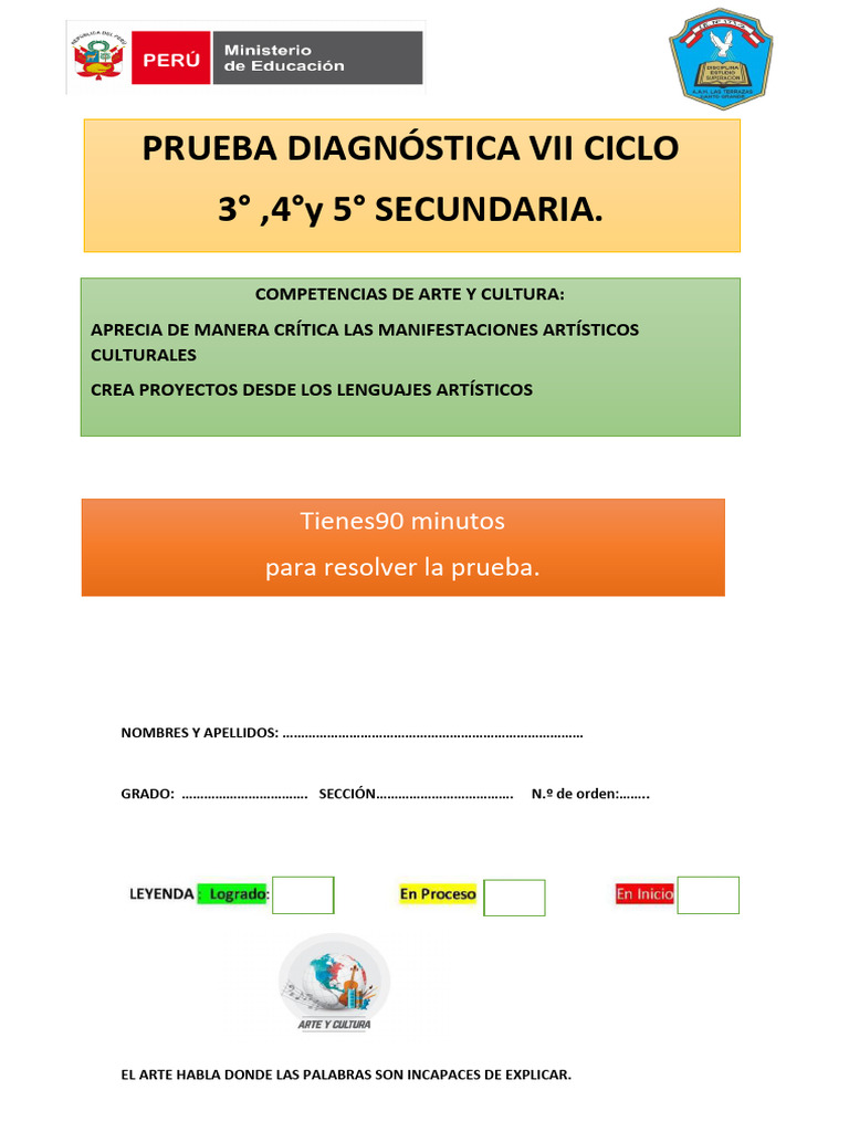 Evaluación Diagnostica Arte Y Cultura 3°4°5°odin Julca Pdf 2545