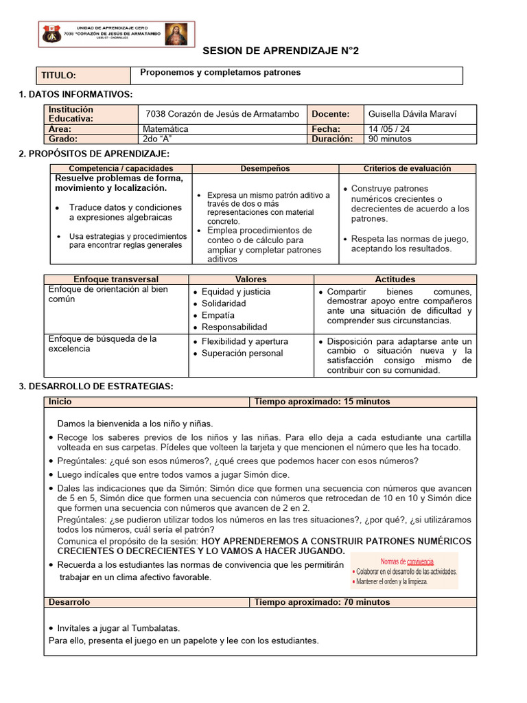 2da SESION DE MATEMATICA PROPONEMOS Y COMPLETAMOS PATRONES | PDF | Aprendizaje | Modificación de ...