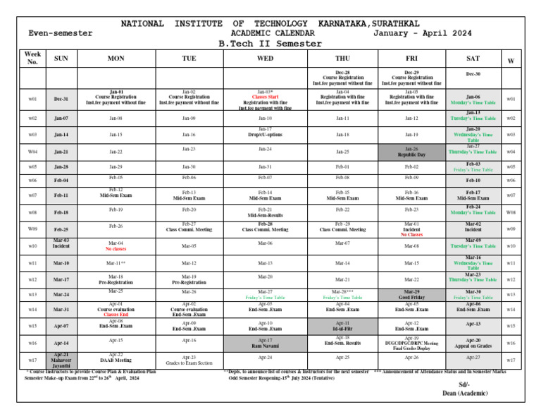 NIT Karnataka B.Tech Academic Calendar 2024 | PDF | Academic Term | Schools