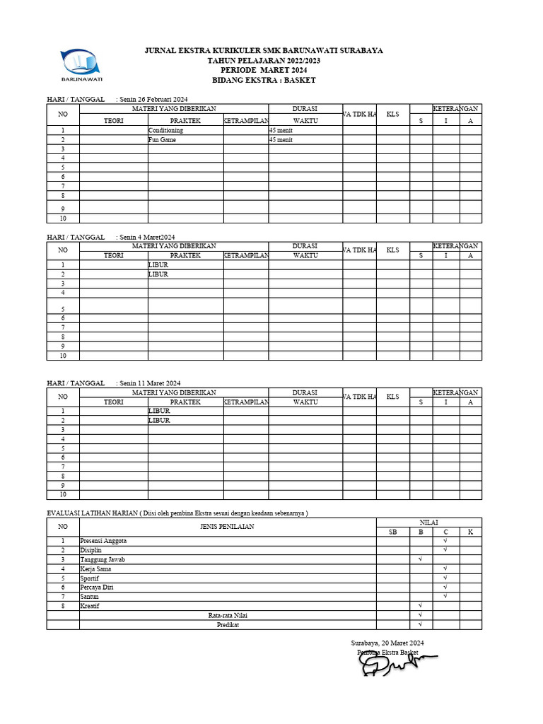 Laporan Kegiatan Ekstra Basket Maret 2024 | PDF