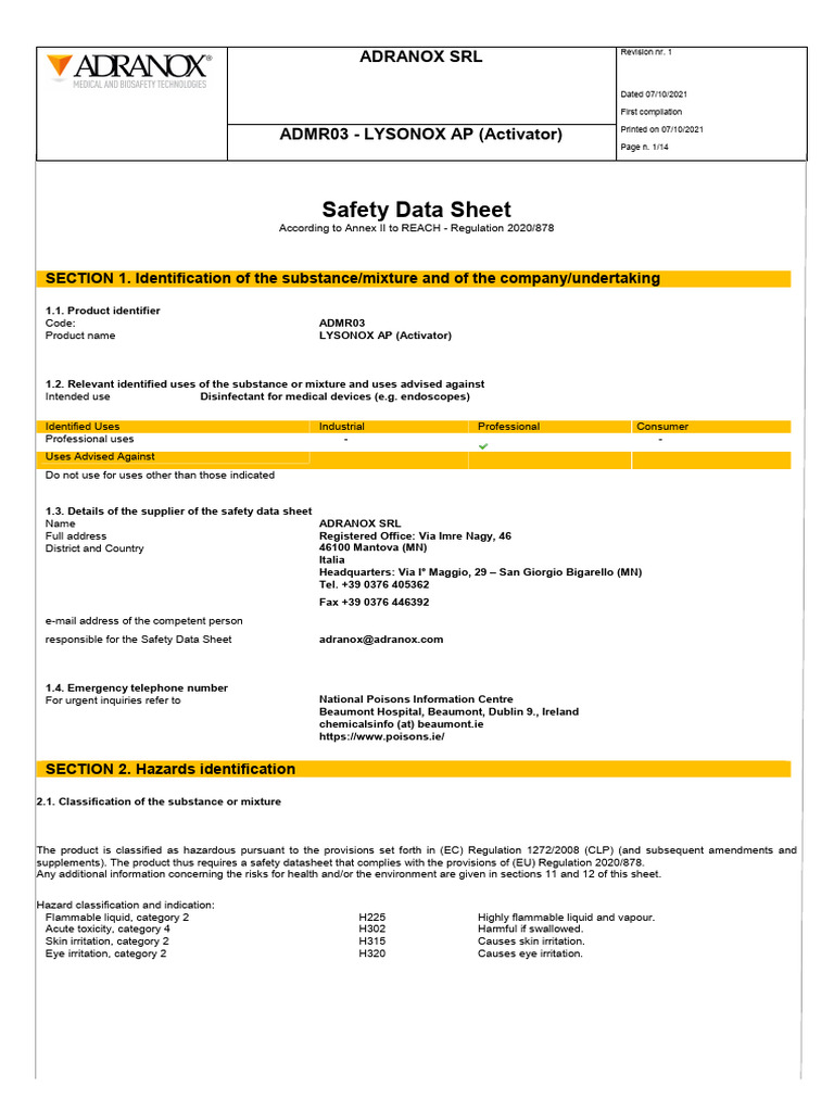 MSDS ADMR03 - Lysonox AP (A) - EN202110 Rev.01 | PDF | Safety | Toxicology