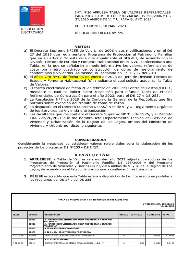 Resolucion - 725 - Tabla de Costos DS 27 y DS 255 Región de Los Lagos ...