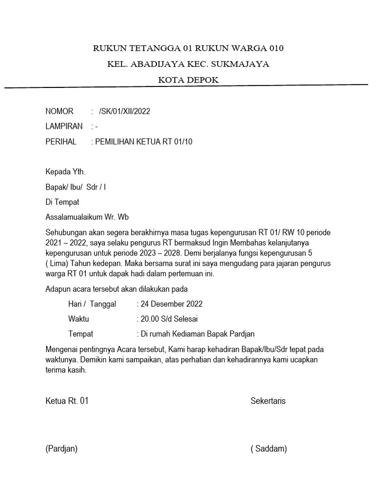 Rukun Tetangga 01 Rukun Warga 010 | PDF