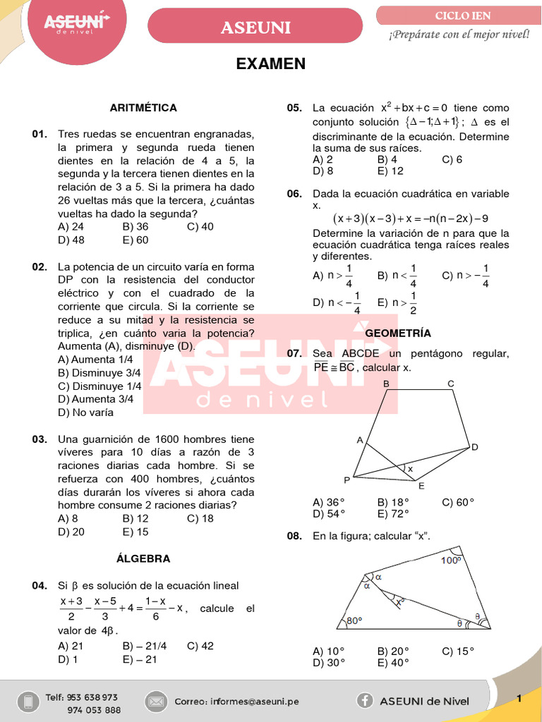 Examen Ciclo IEN UNI - Semana 03 | PDF | Triángulo | Ecuaciones