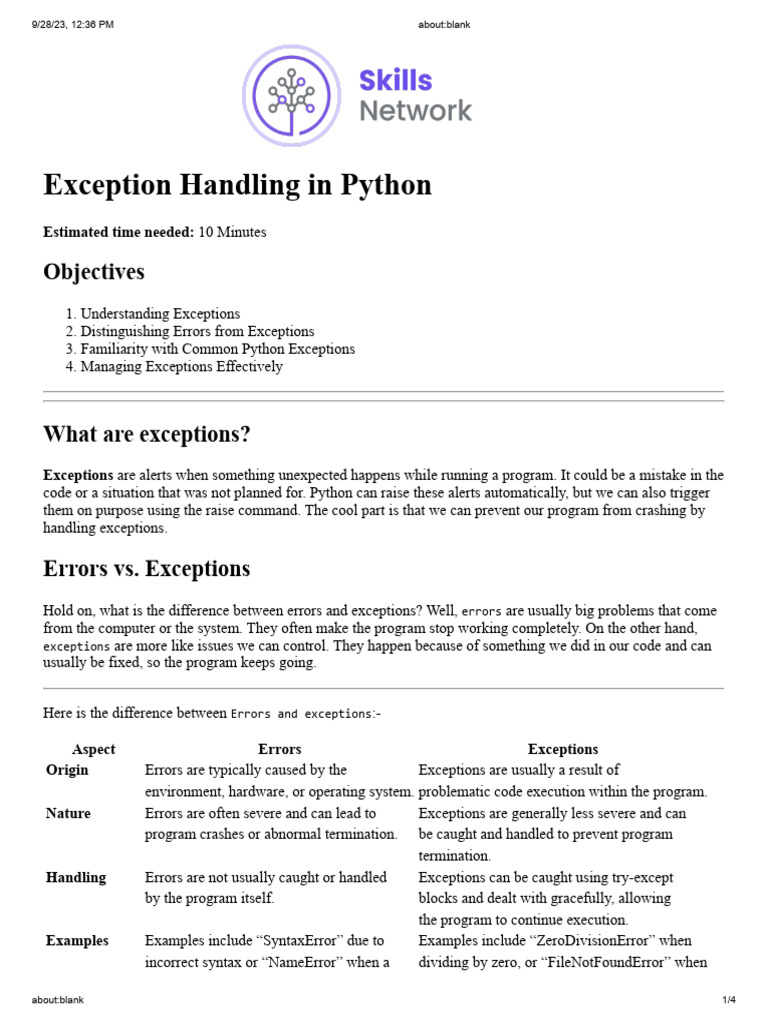 Reading Exception Handling Pdf Computer Program Programming 