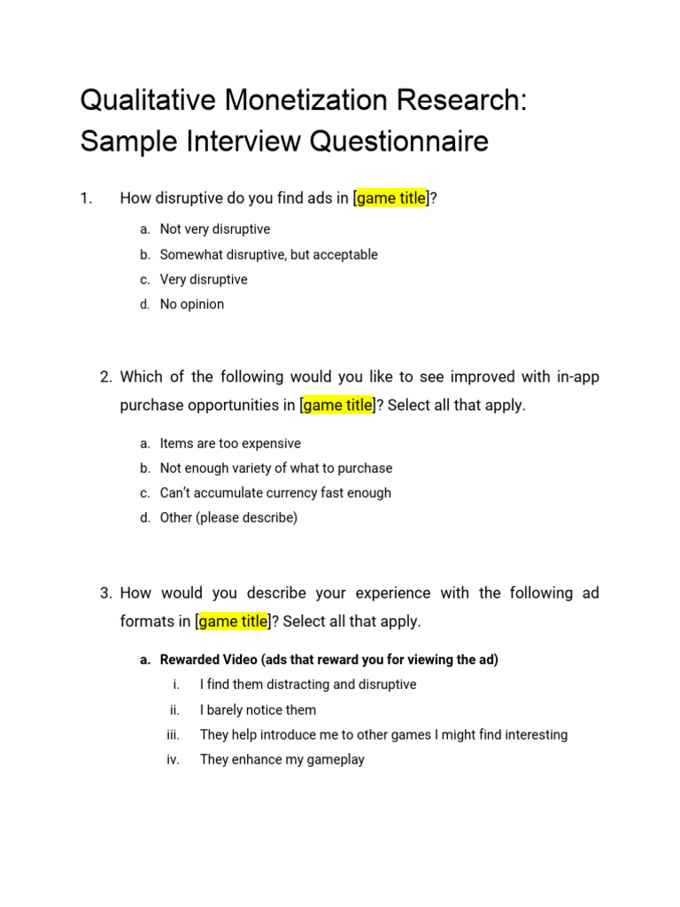 Qualitative Monetization Research - Sample Interview Questionnaire ...