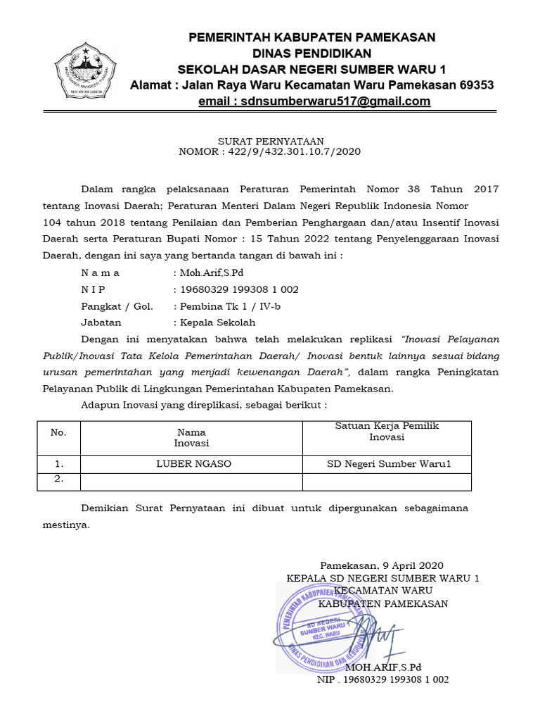 SURAT PERNYATAAN REPLIKASI SEKOLAH | PDF