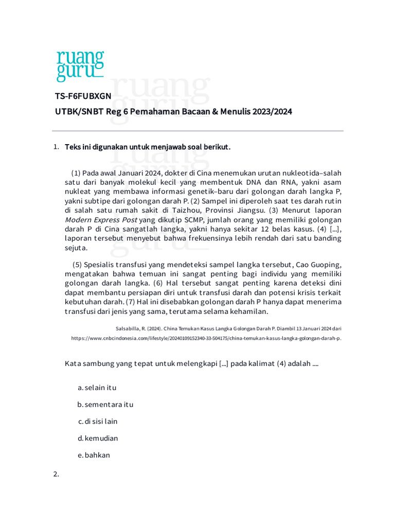 BS - UTBK - SNBT Reg 6 Pemahaman Bacaan & Menulis 2023 - 2024 | PDF