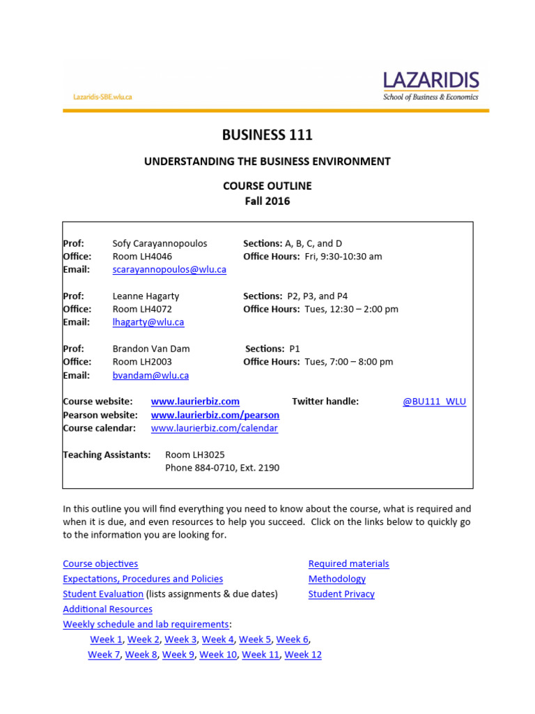 F16 BU111 Course Outline - All Sections | PDF | Lecture | Turnitin