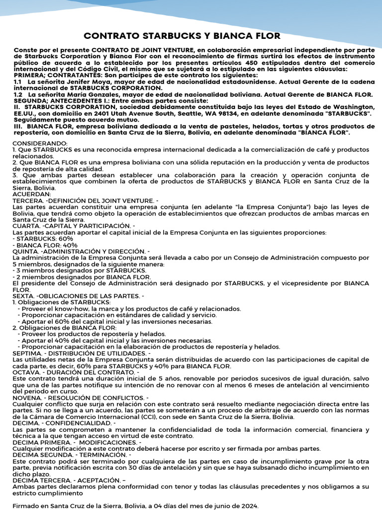Contrato Joint Venture Starbucks-Bianca Flor | PDF | Proyecto conjunto ...
