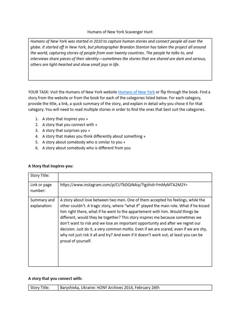 Humans of New York Scavenger Hunt | PDF | General Fiction