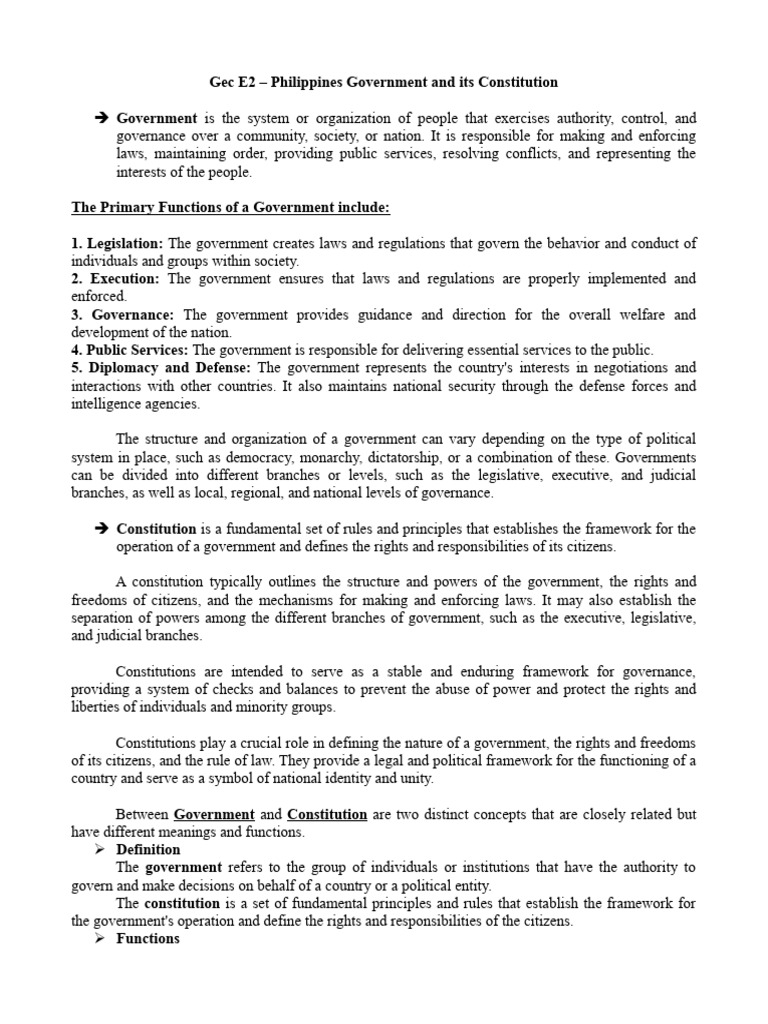GecE2-Philippines Government and Its Constitution | PDF | Separation Of ...