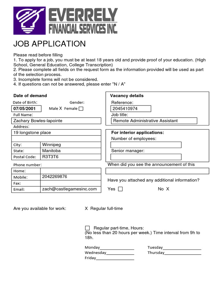 Employment Application Form Filled | PDF | Employment | Labor