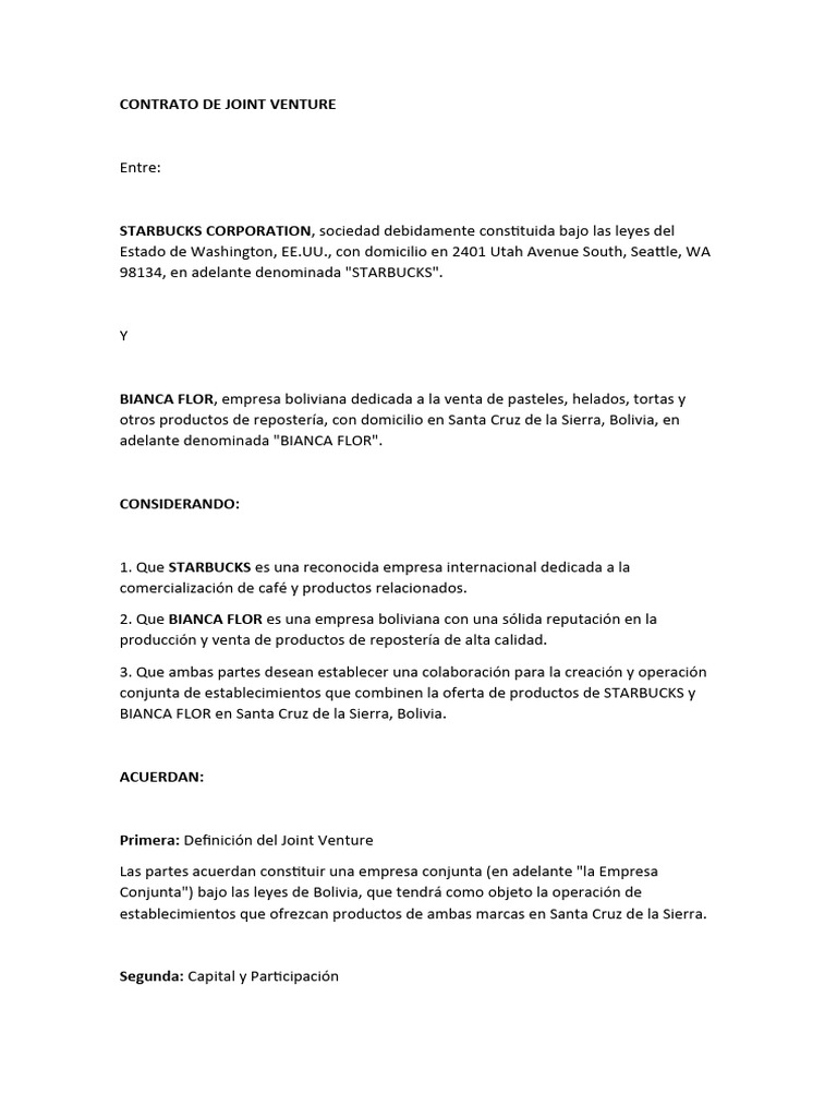 Contrato de Joint Venture de Starbucks y Bianca Lor | PDF | Proyecto conjunto | Bolivia