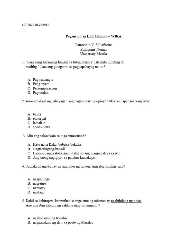 Let 2022 Reviewer Filipino Major | PDF