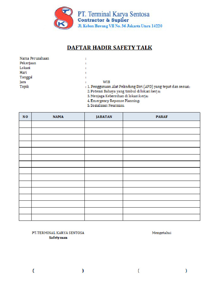 Daftar Hadir Safety Talk Halim Recoating | PDF