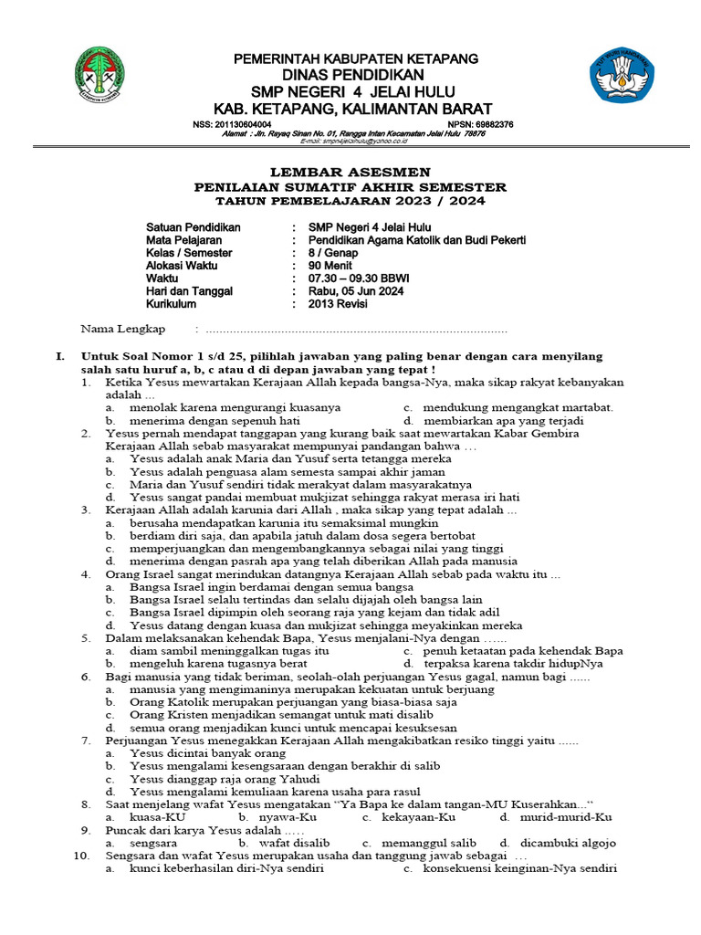 Penilaian Akhir Semester SMP 4 Jelai Hulu | PDF | Agama & Spiritualitas