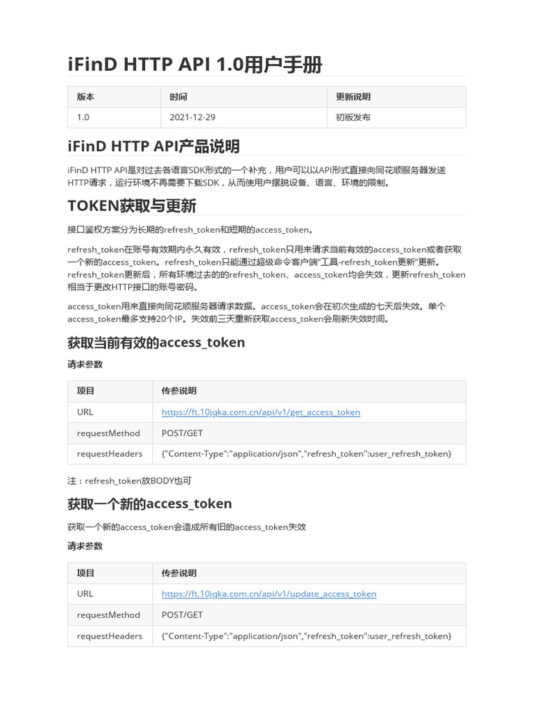 iFinD HTTP API 1.0用户手册 | PDF