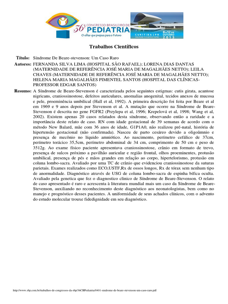 0401 Sindrome de Beare Stevenson Um Caso Raro | PDF | Especialidades ...