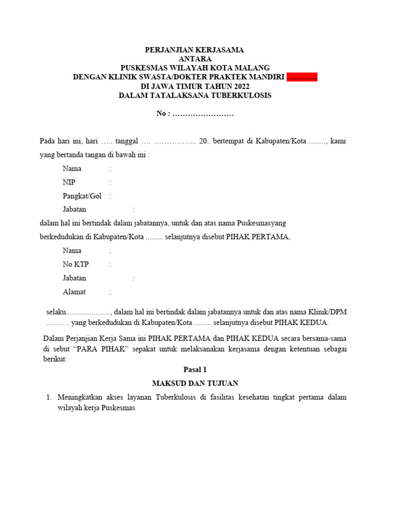 Template Mou Tatalaksana Tb Antara Puskesmas Dan Dpm Klinik Pdf