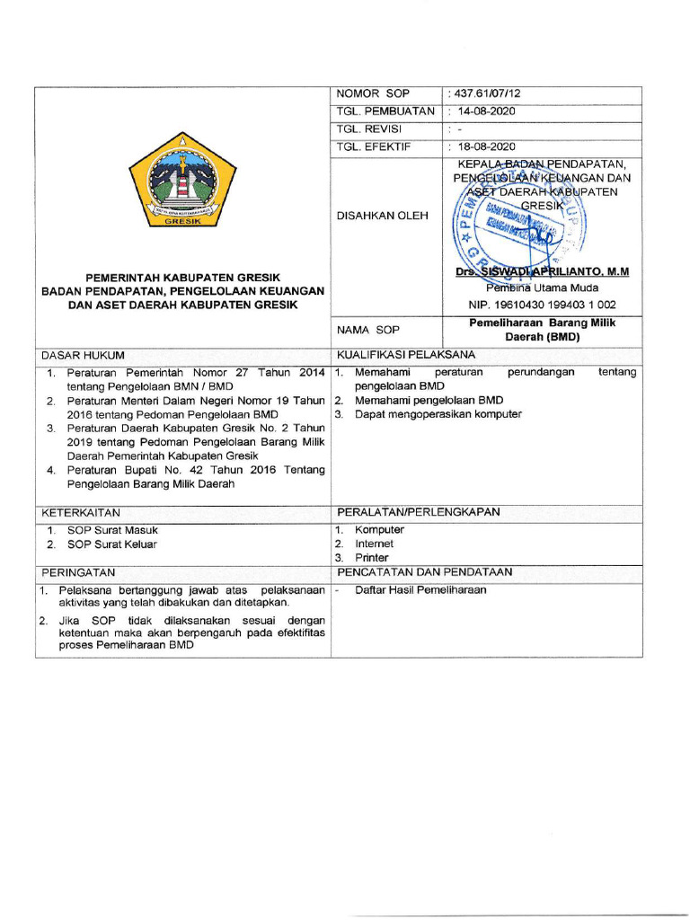 Sop Pemeliharaan BMD | PDF