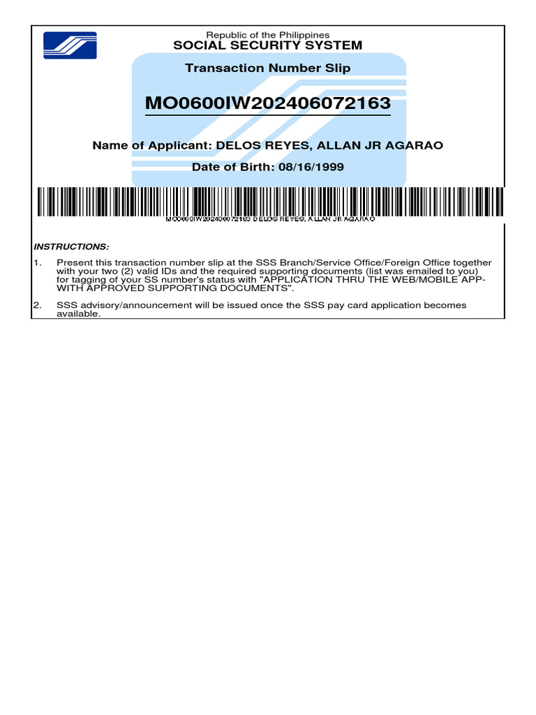 Transaction - Number - Slip DELOS REYES, ALLAN JR AGARAO | PDF | Social ...