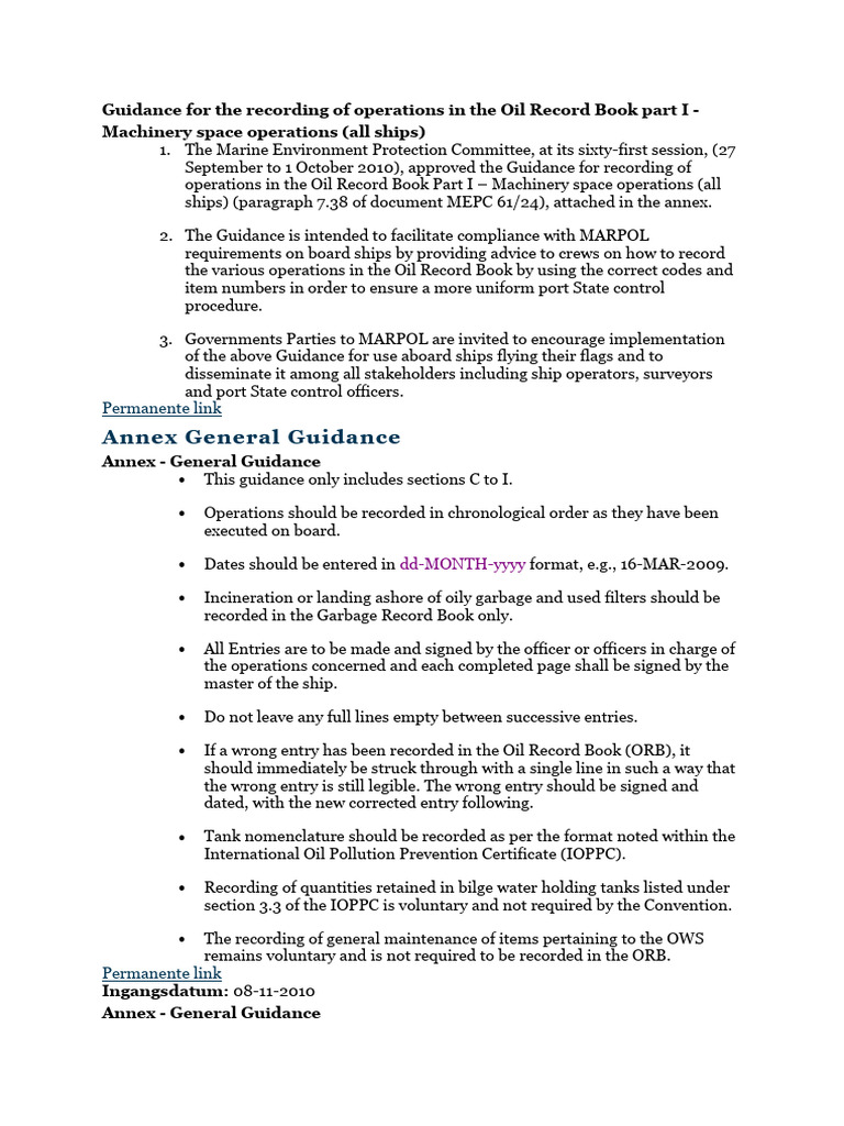 Guidance For The Recording of Operations in The Oil Record Book Part I ...