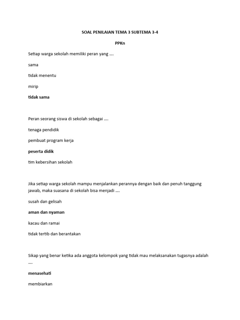 SOAL PENILAIAN TEMA 3 SUBTEMA 3-New | PDF
