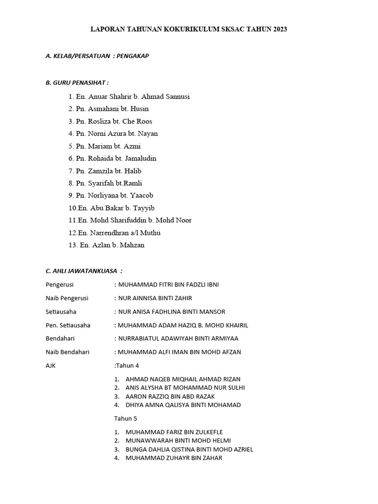 Borang Laporan Tahunan Kokurikulum Tahun 2023 | PDF