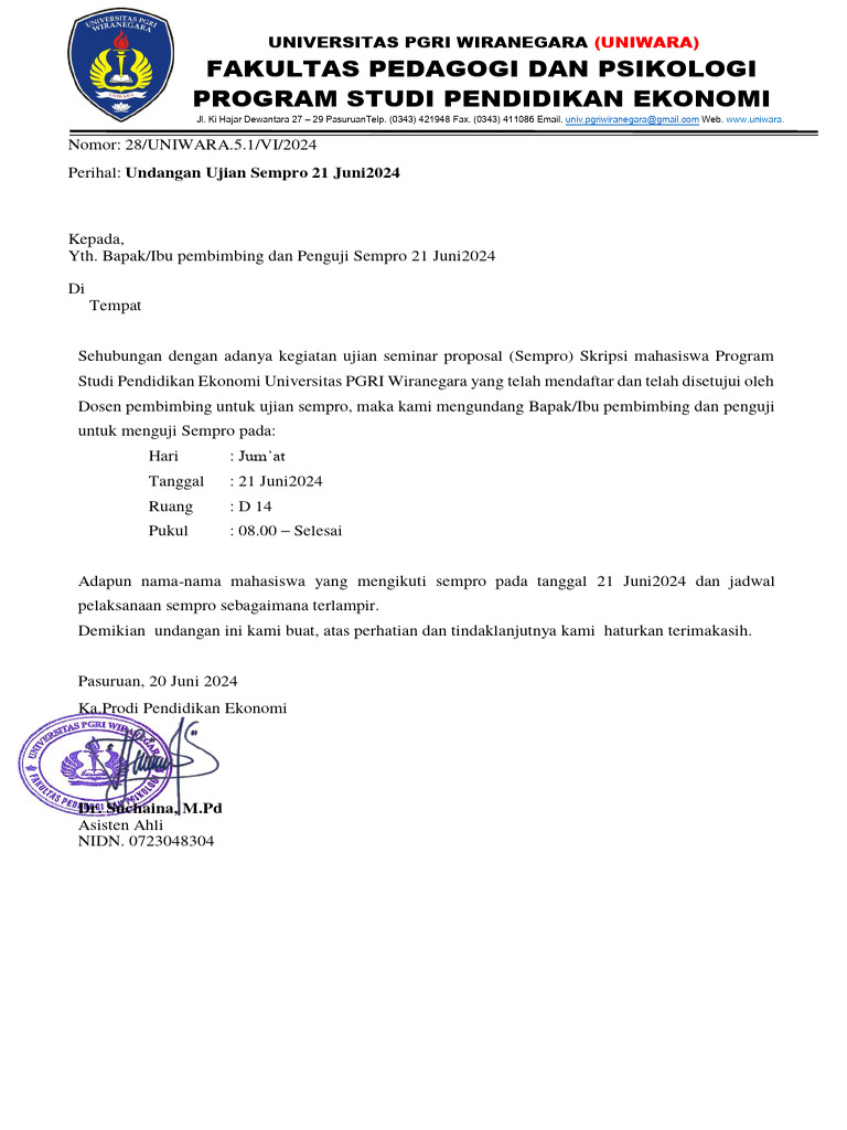 05. Undangan Ujian Sempro 21 Juni 2024 | PDF