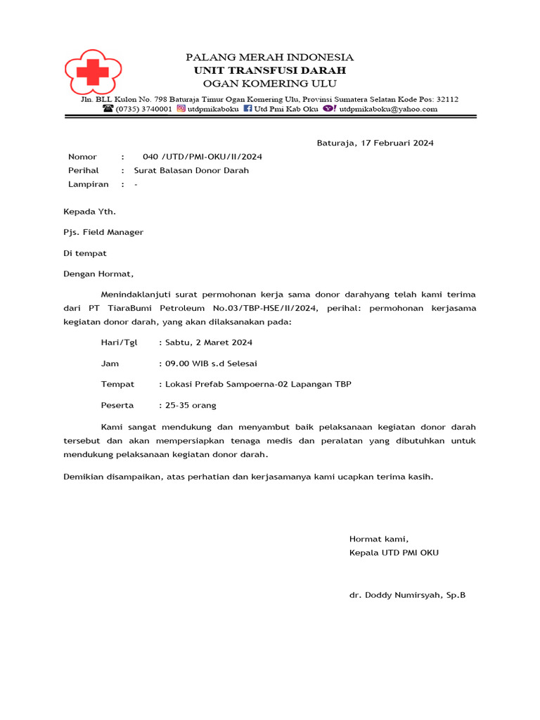Surat Balasan Kerja Sama Donor Darah | PDF