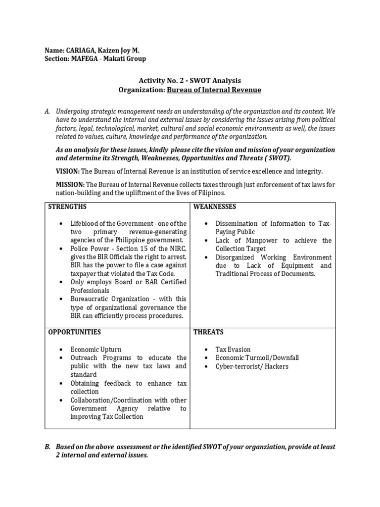 Activity No. 2 SWOT Analysis - CARIAGA, Kaizen Joy M. | PDF | Swot ...