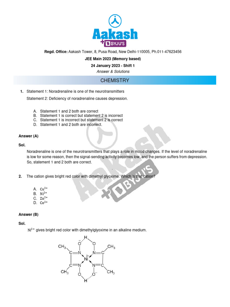 JEE Main 2023 Chem 24 Jan Shift 1 QP | PDF | Redox | Chlorofluorocarbon