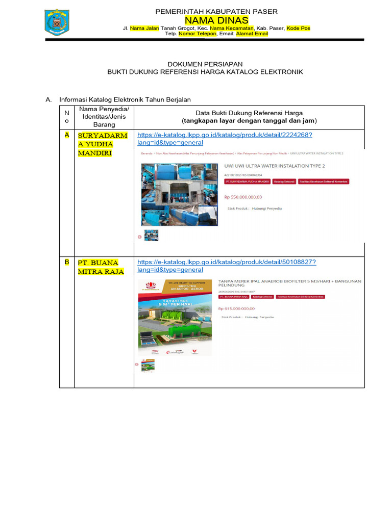 02 Template Bukti Dukung Referensi Harga IPAL | PDF