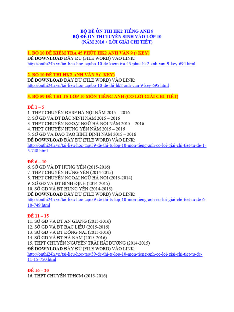 1. Bộ 10 Đề Kiểm Tra 45 Phút Hk2 Anh Văn 9 (+Key) | PDF