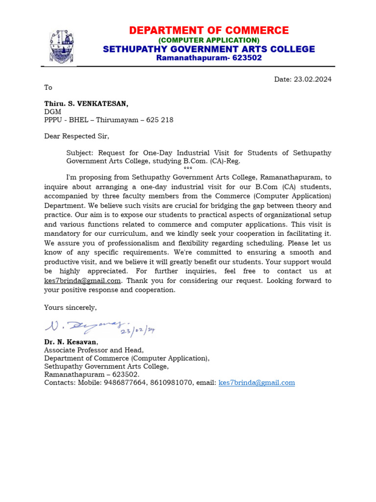 Industrial visit letter | PDF