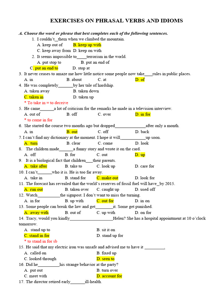 Exercises On Phrasal Verbs and Idioms - Key | PDF | Deafness