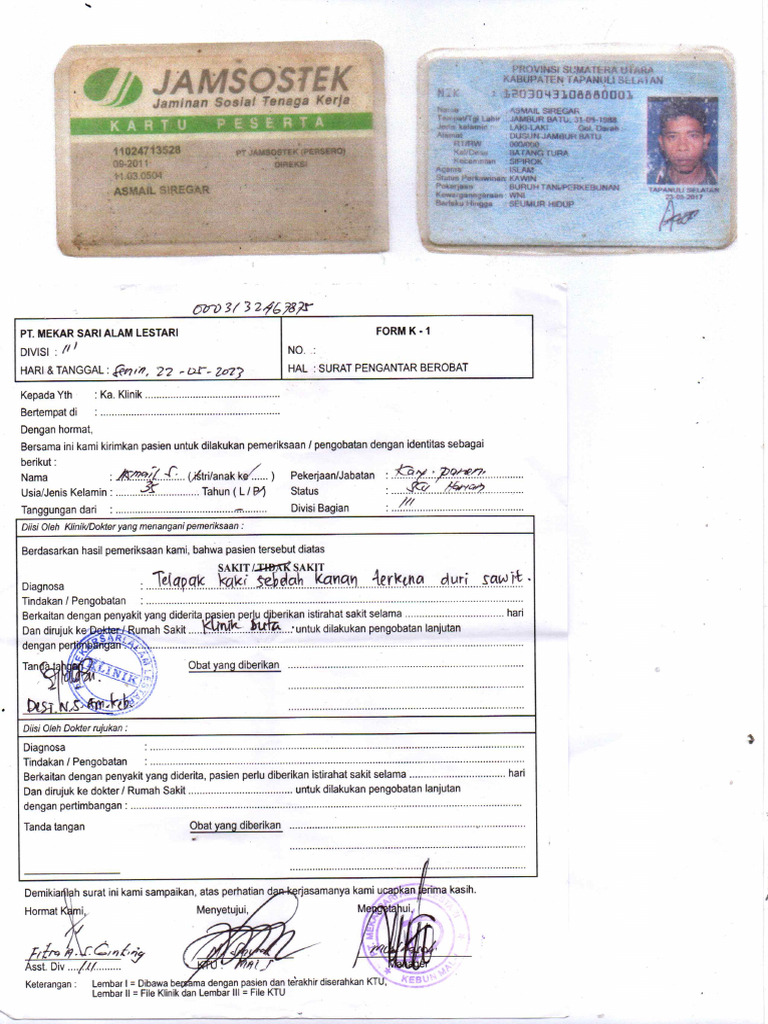 Berkas Kecelakaan Kerja An Asmail | PDF