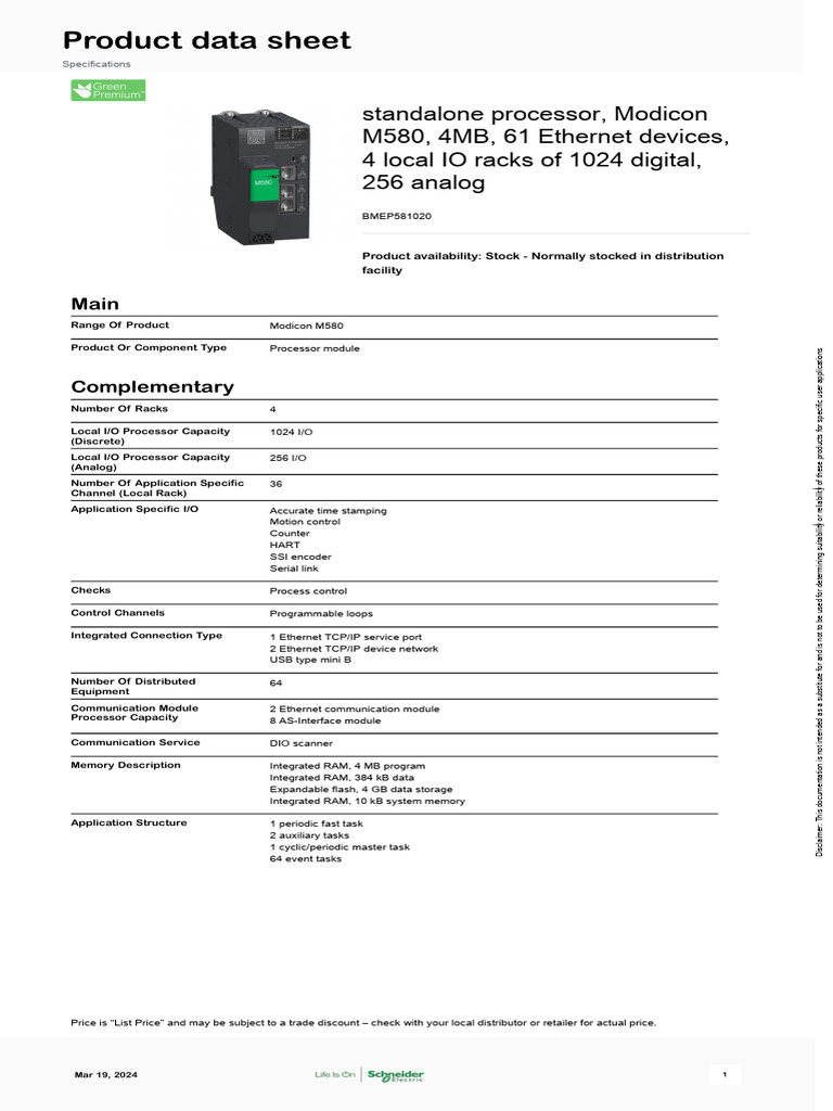 Modicon M580 Processor Specifications | PDF | Programmable Logic Controller | Internet Protocol ...