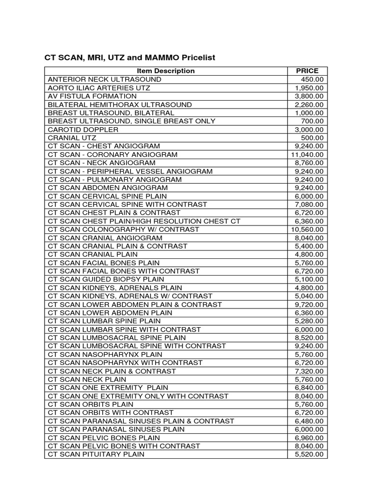 CT SCAN MRI UTZ and Mammo Pricelist | PDF | Medical Ultrasound ...