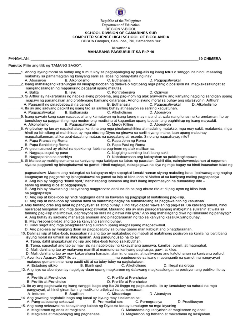 4Q-ESP10-Long Quiz | PDF