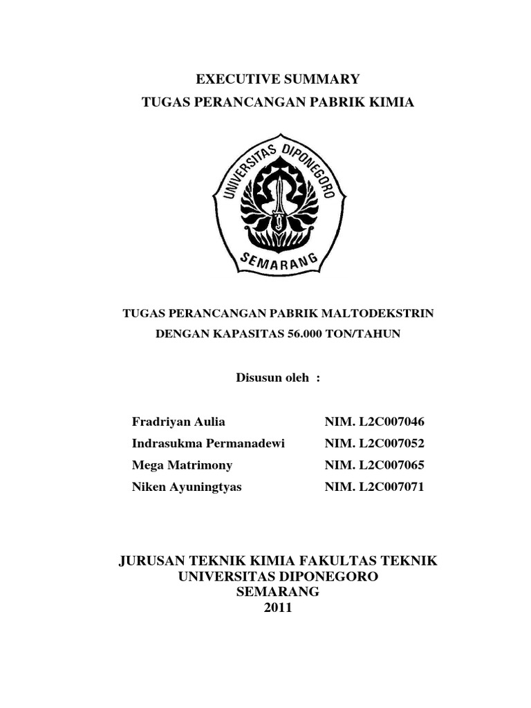Executive Summary Tugas Perancangan Pabrik Kimia | PDF Executive Summary Tugas Perancangan Pabrik Kimia | PDF