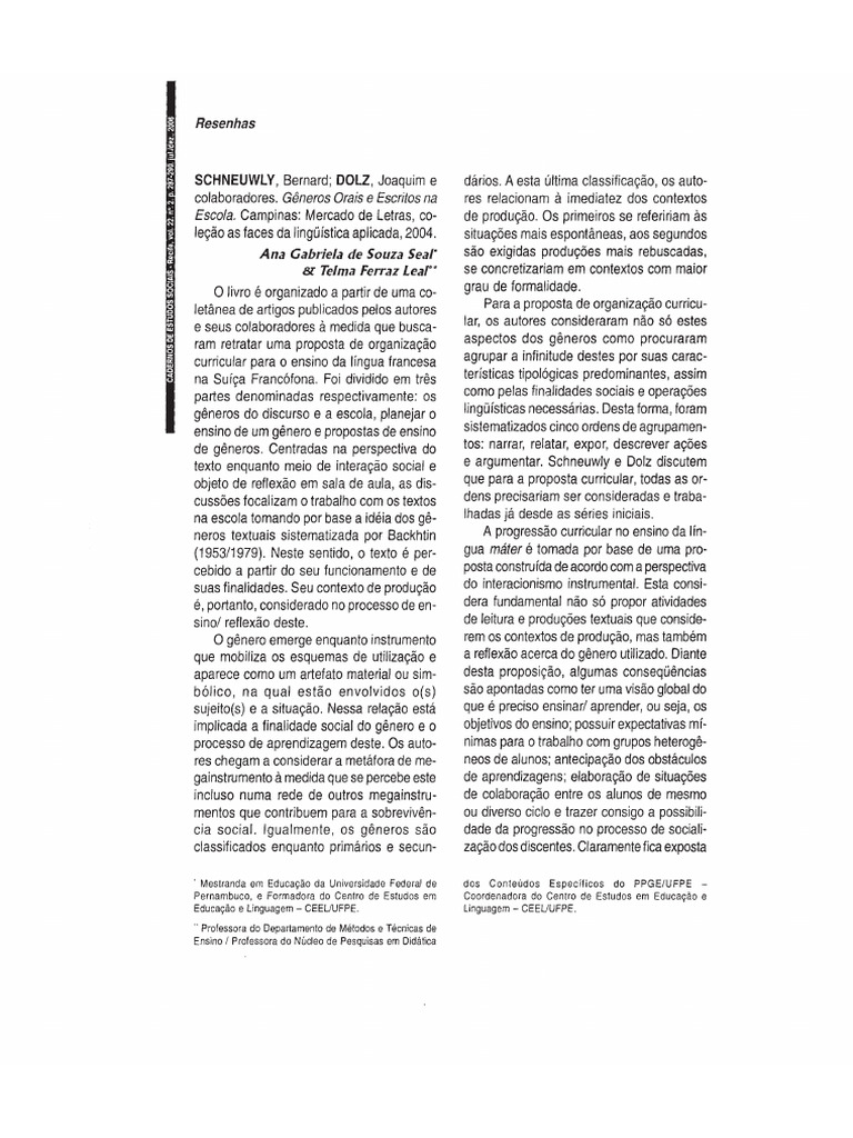Generos Orais e Escritos Na Escola SCHNE | PDF