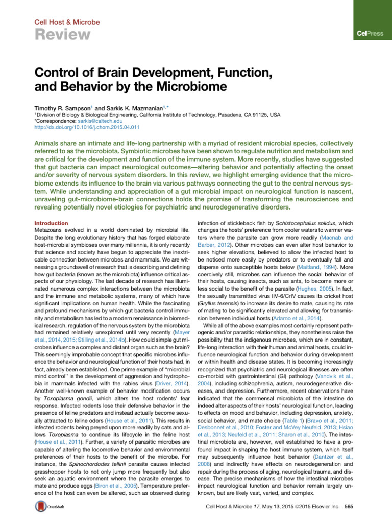 Control of Brain Development, Function, and Behavior by The Microbiome ...