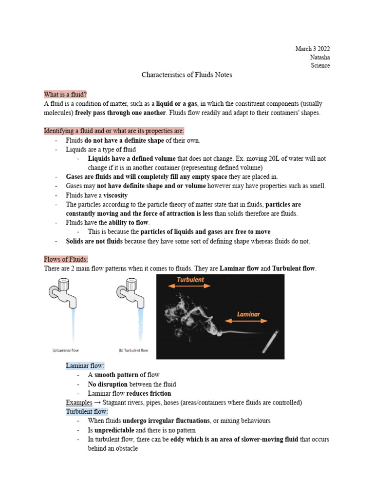 Characteristics of Fluids Notes | PDF | Fluid Dynamics | Turbulence