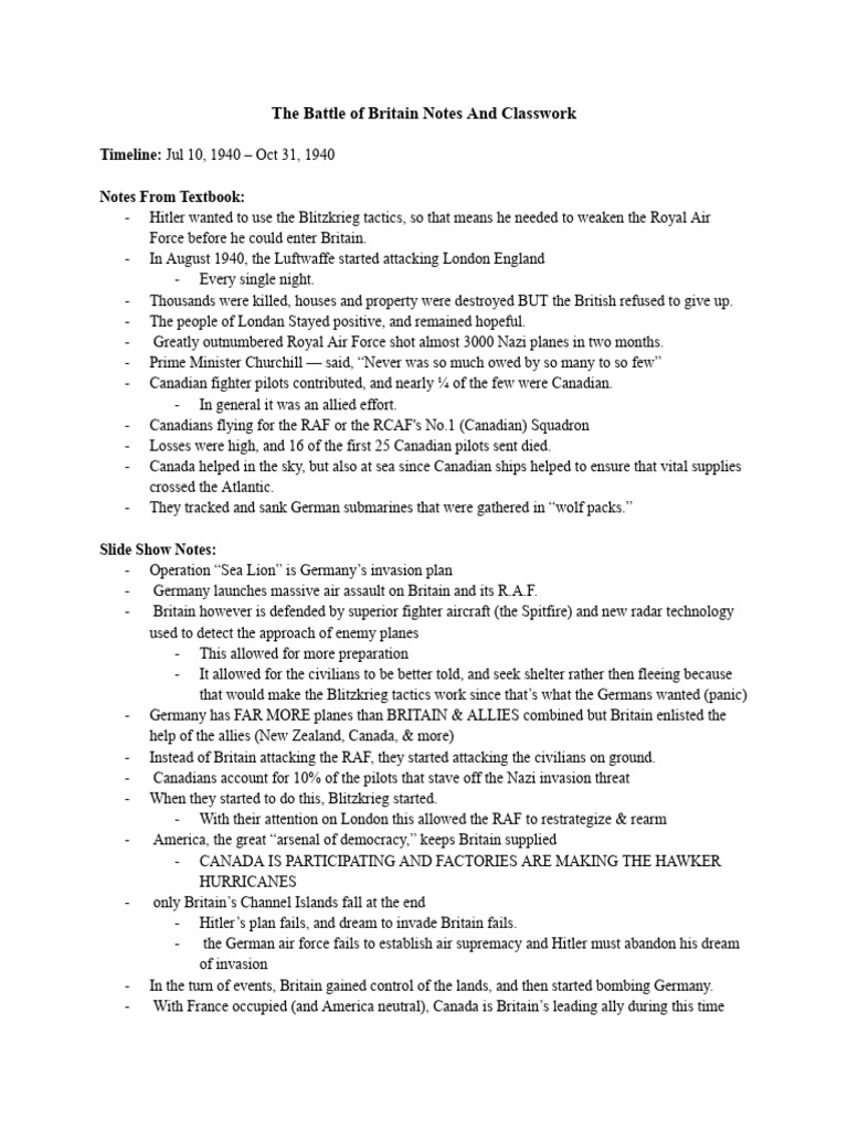 The Battle of Britain Notes And Classwork | PDF | Battle Of Britain ...