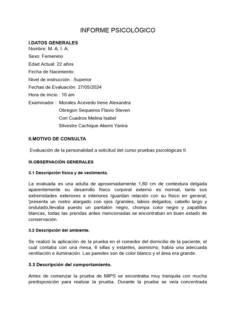 INFORME PSICOLÓGICO | PDF | Sicología | Ciencias del comportamiento