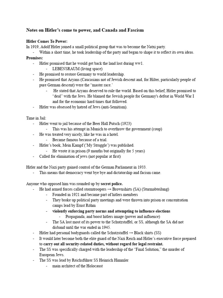 Notes On Hitler's Come To Power, and Canada and Fascism | PDF | Adolf ...